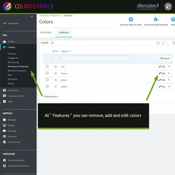 Color Features - Properties - expanded by colors module Prestashop Module